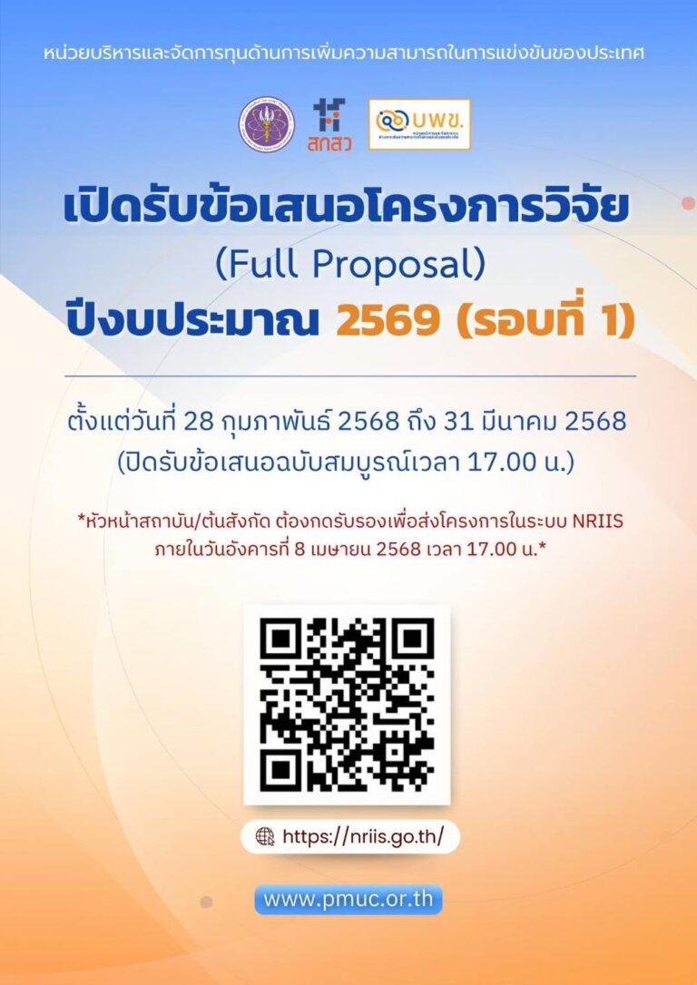บพข. ประกาศรับข้อเสนอโครงการวิจัยฉบับสมบูรณ์ (Full proposal) ปี 2569 รอบ 1 - KRIS KMITL